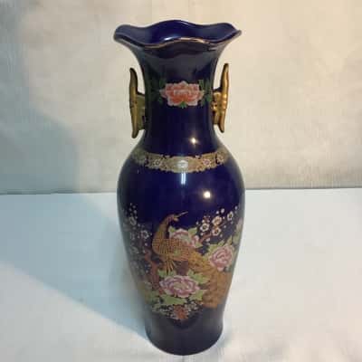 Vintage Ceramic Japanese Blue & Gold Peacock Vase