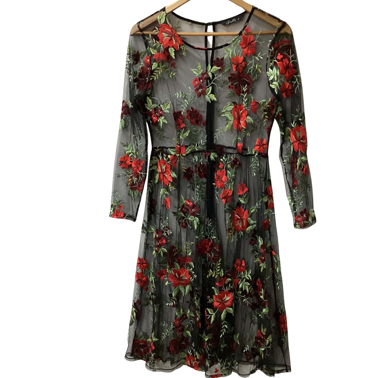 Stella Womens Size 10 sheer Cocktail Dress Black / Green / (i)Red (s)