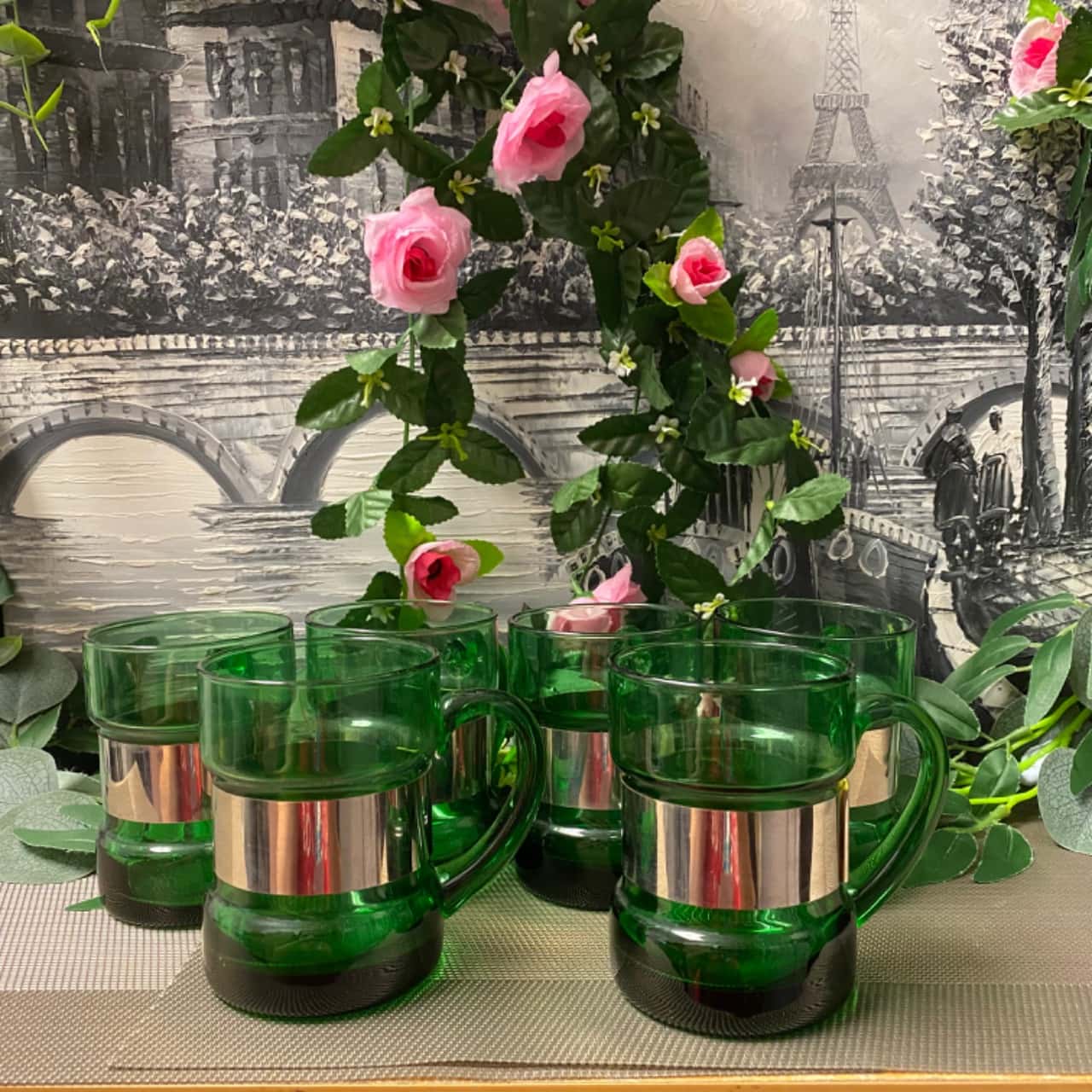 Six Italian Green Glass set with metal sleeves