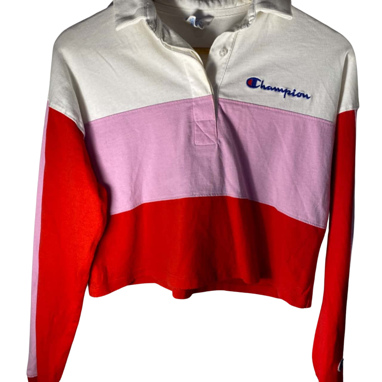 Champion Womens Size XS Cropped Long Sleeve Polo Pink/ Red/White (s)