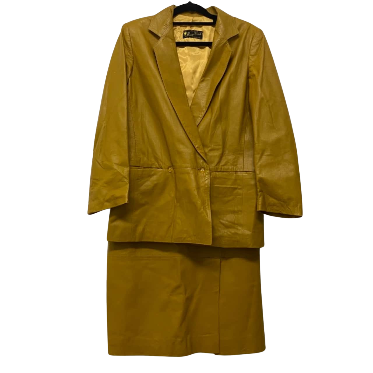 Vintage Mario Conti Leather Blazer Skirt Set Womens Size 46 Yellow