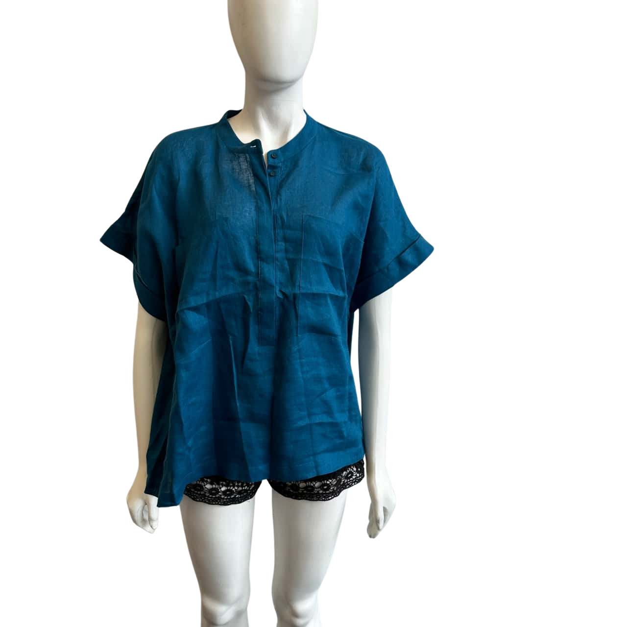 ELK Women's Size 14 French Linen Short Sleeved Top Blue (s)