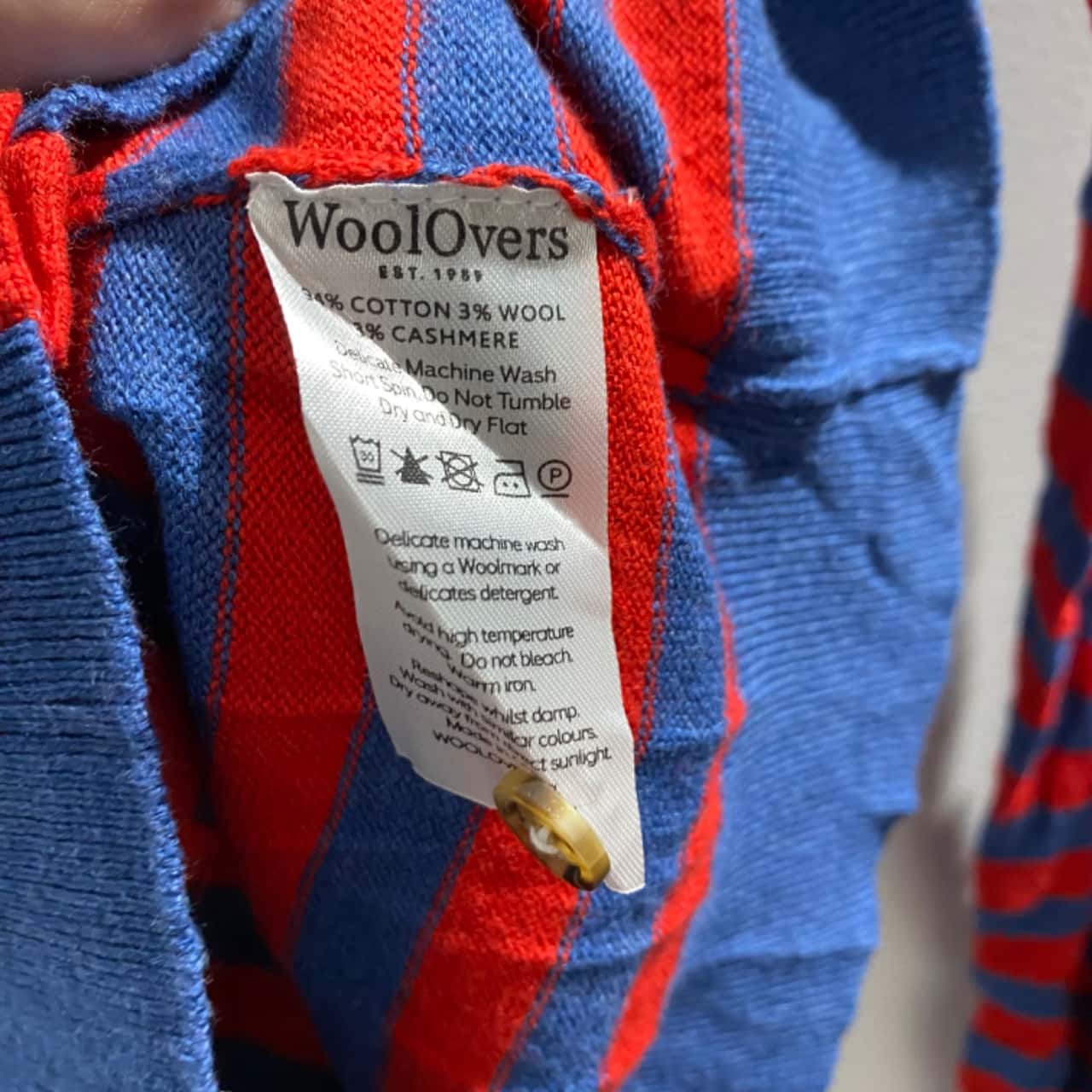 WoolOvers. Womens Size S. Cardigan Blue with Red stripes and edging ...