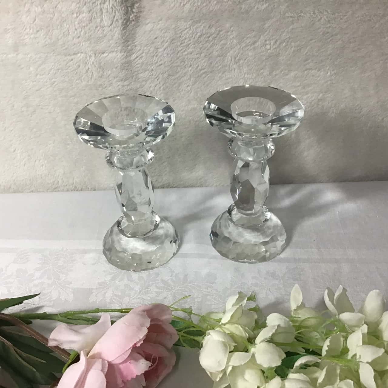 Pair of Tall Decorative Crystal Cut Glass Candlestick Holders