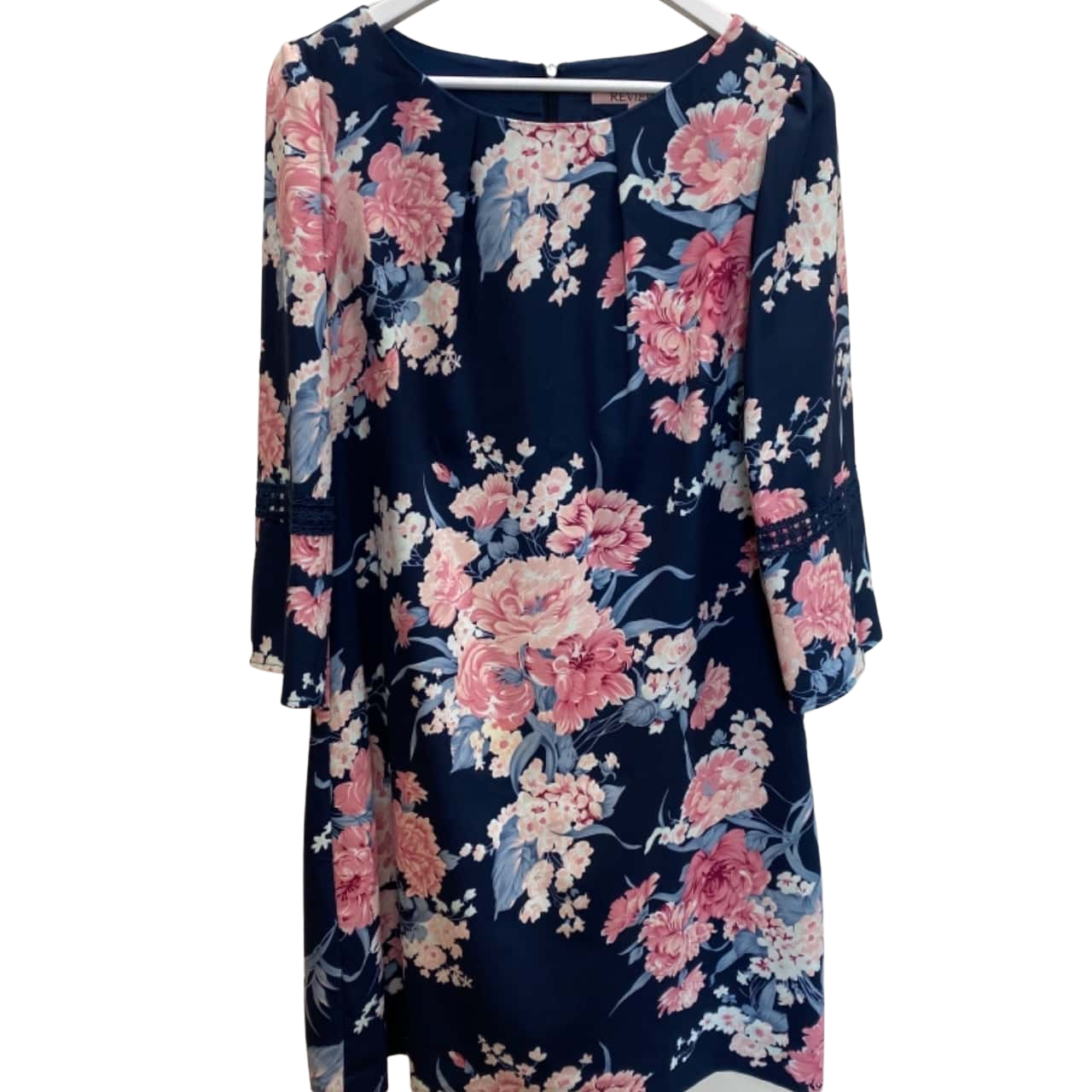 Review Womens Size 14 Long Sleeve Midi Dress Blue Floral Navy