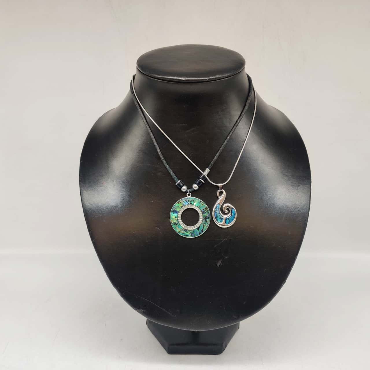 2 Paua Detail Necklaces - 1 Circle On Cord 44cm & 1 Hook Maori Style On ...