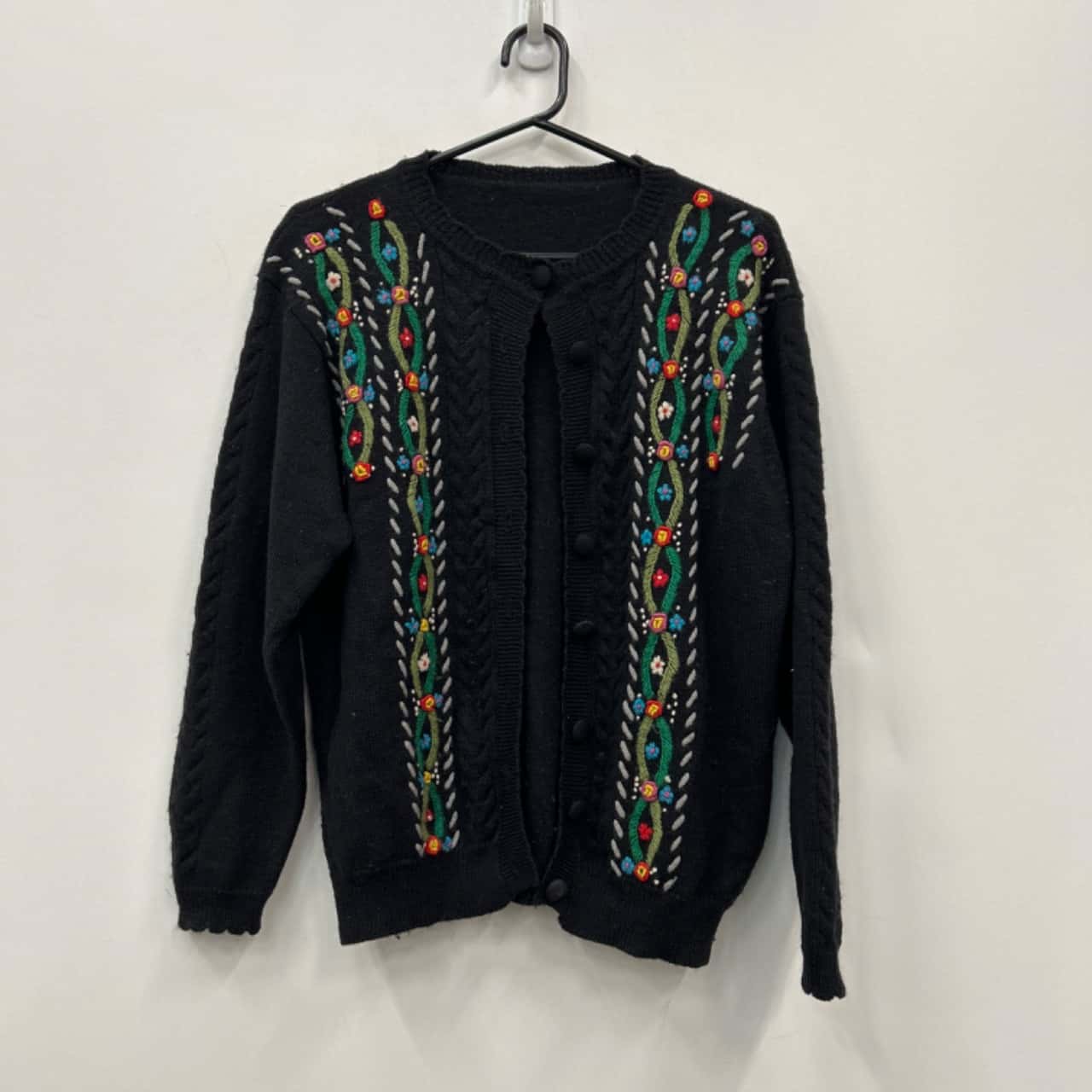 100% Wool - Size 8 Black Floral Cardigan
