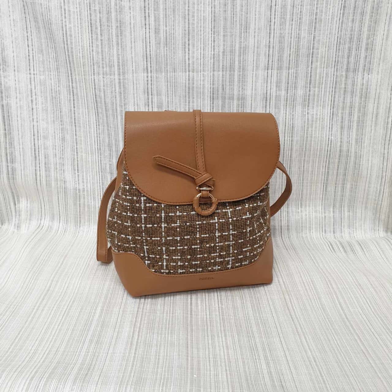 Fossil Gorgeous Tan Brown & Beige Tweed Fabric Front Detail Backpack ...