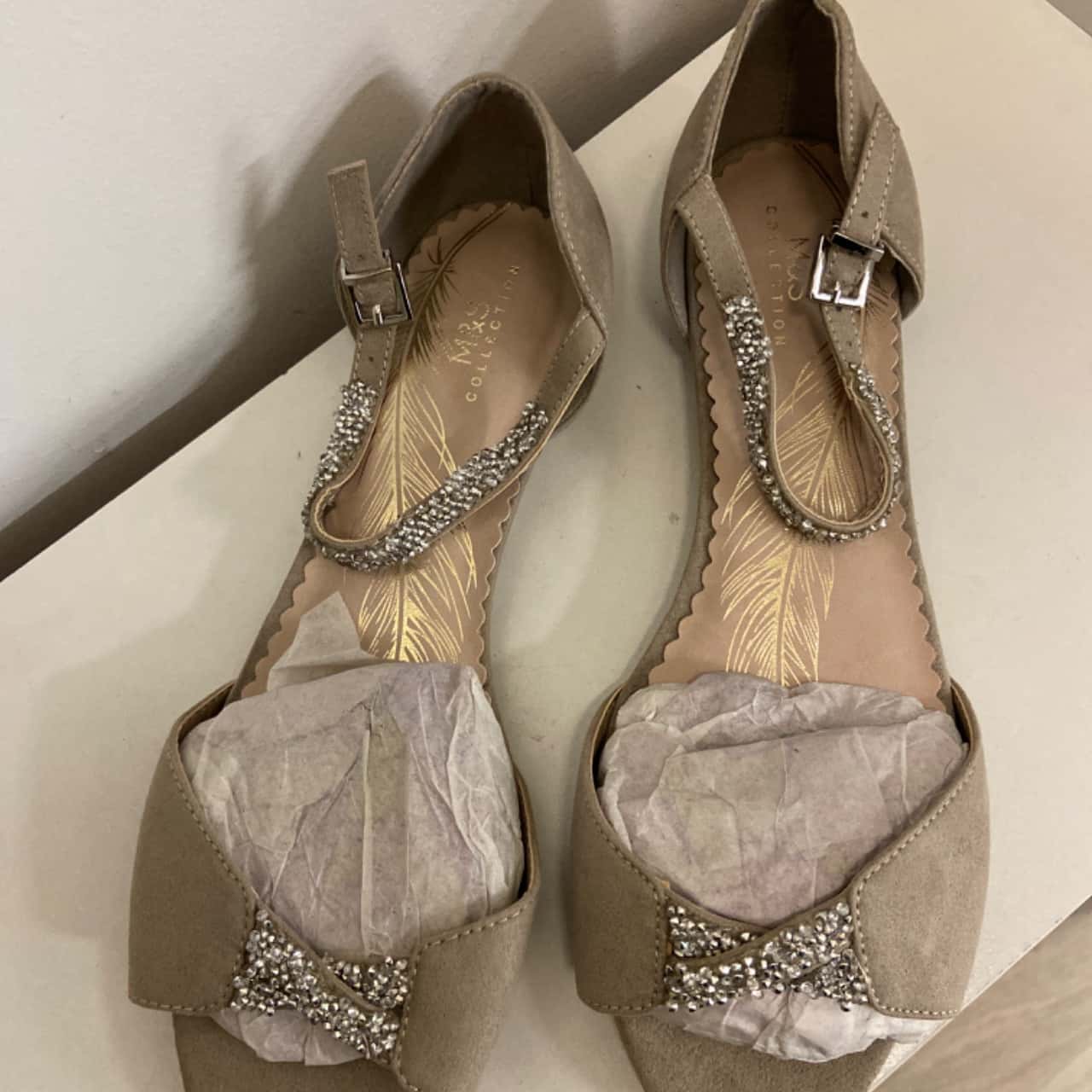 Womens Beige / natural with bling flat peep toe shoes