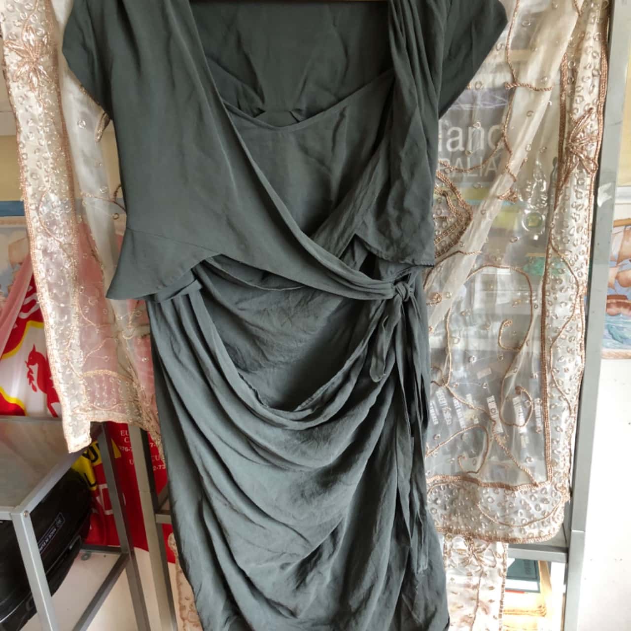 Morrison Size M Silk Grey Green Dress with Stand Alone Slip(s)
