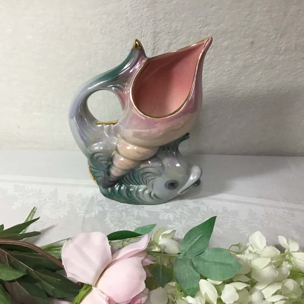 Vintage Kalmar Ornate Pink / Green Lustre Ware Fish Vase(s)