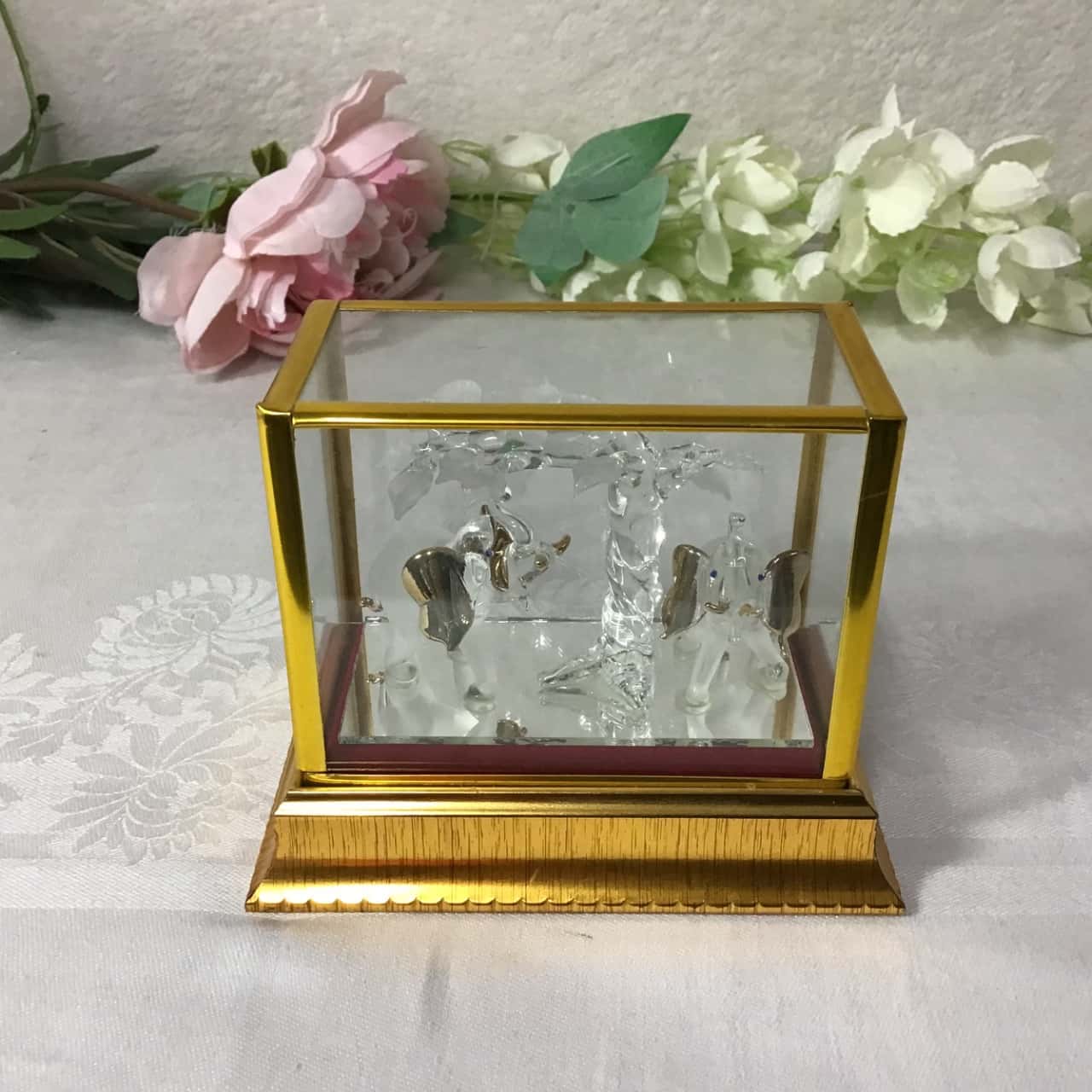 Clear / Frosted Glass Elephants with Tree in Gold Framed Glass Box
