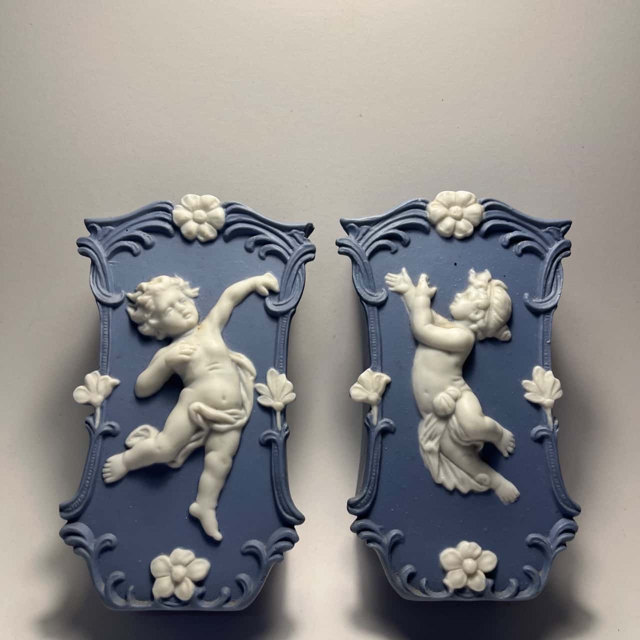 Vintage Blue Jasper Ware Cherub Wall Pockets