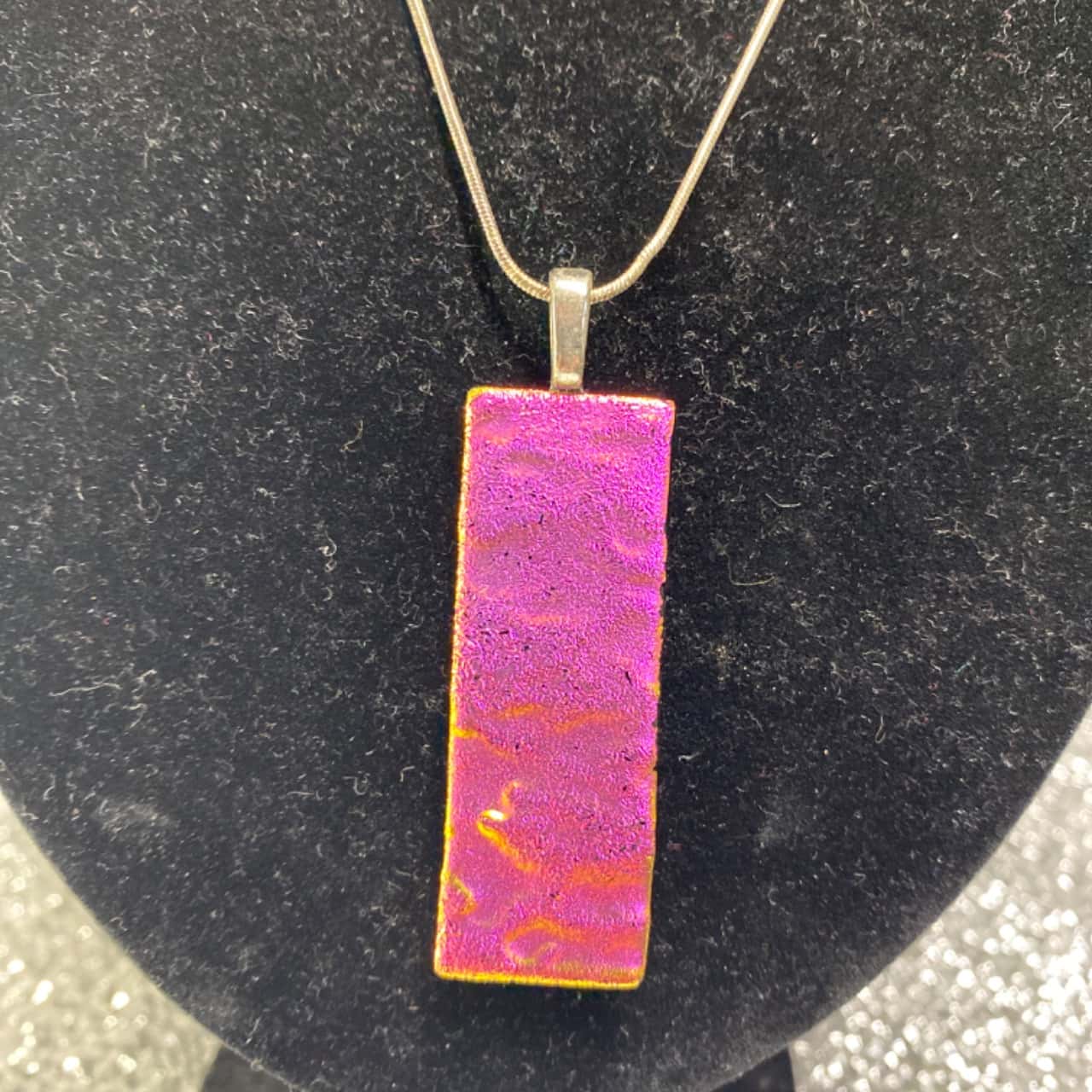 Rectangular Handmade Pink Dichroic Glass Pendant w/chain(s)