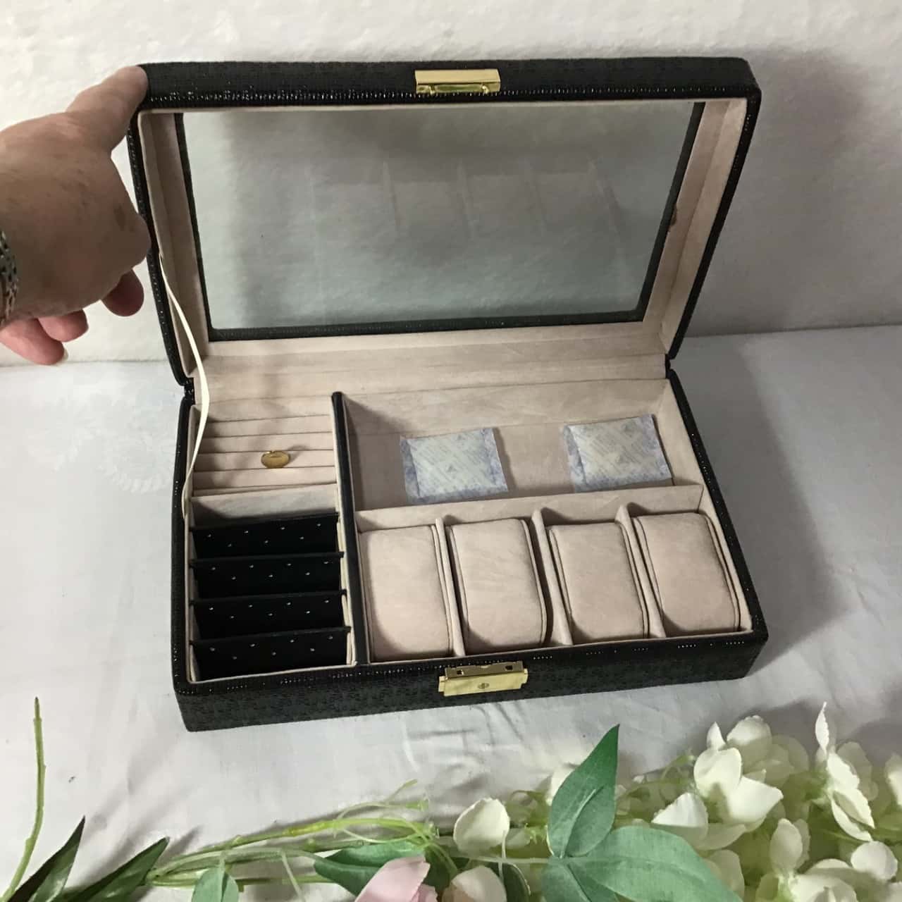 Black Textured Rectangular Jewellery Case with Beige Interior (new in ...