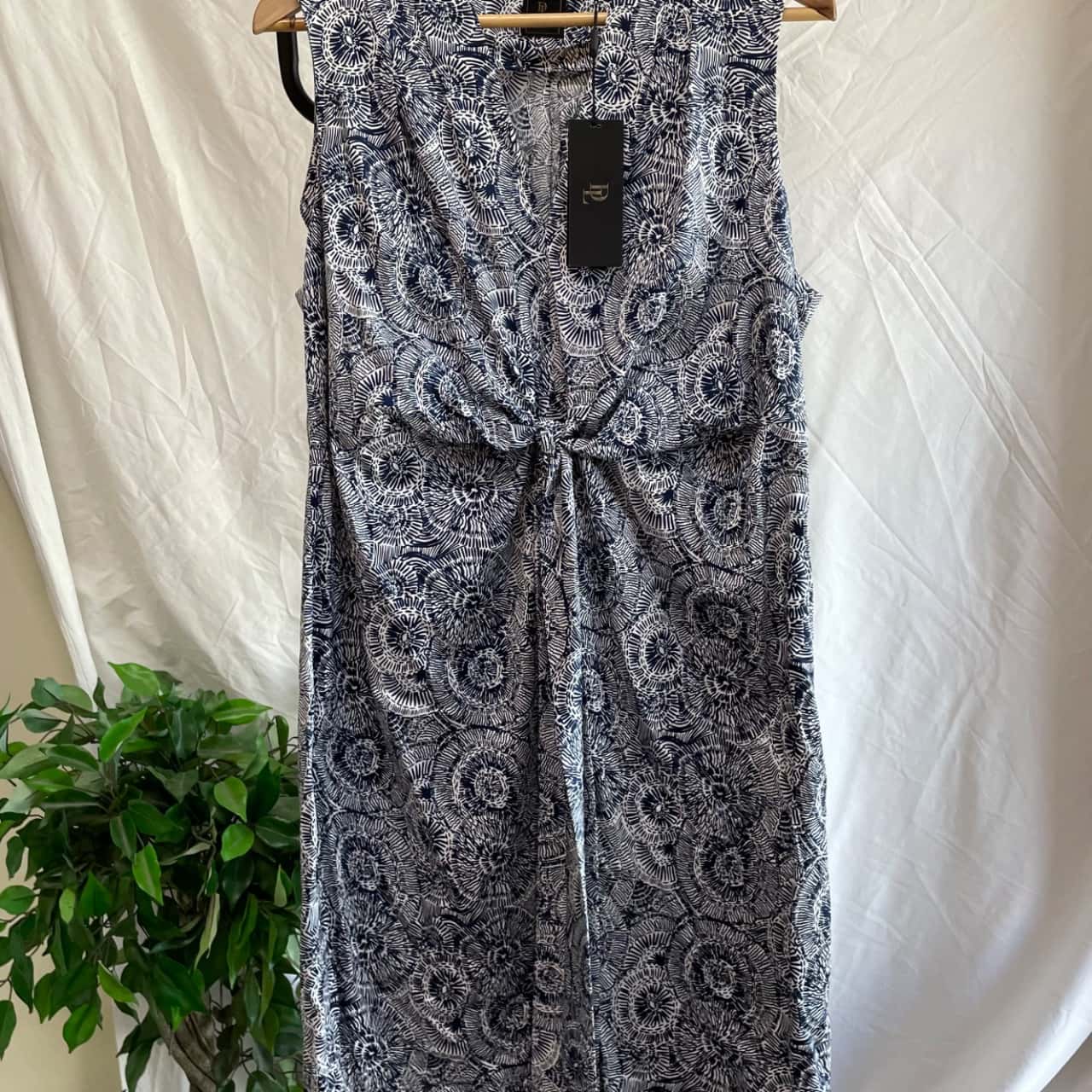 David Lawrence Sunray Cot Tie Dress Women's Size 16 Navy Blue / White