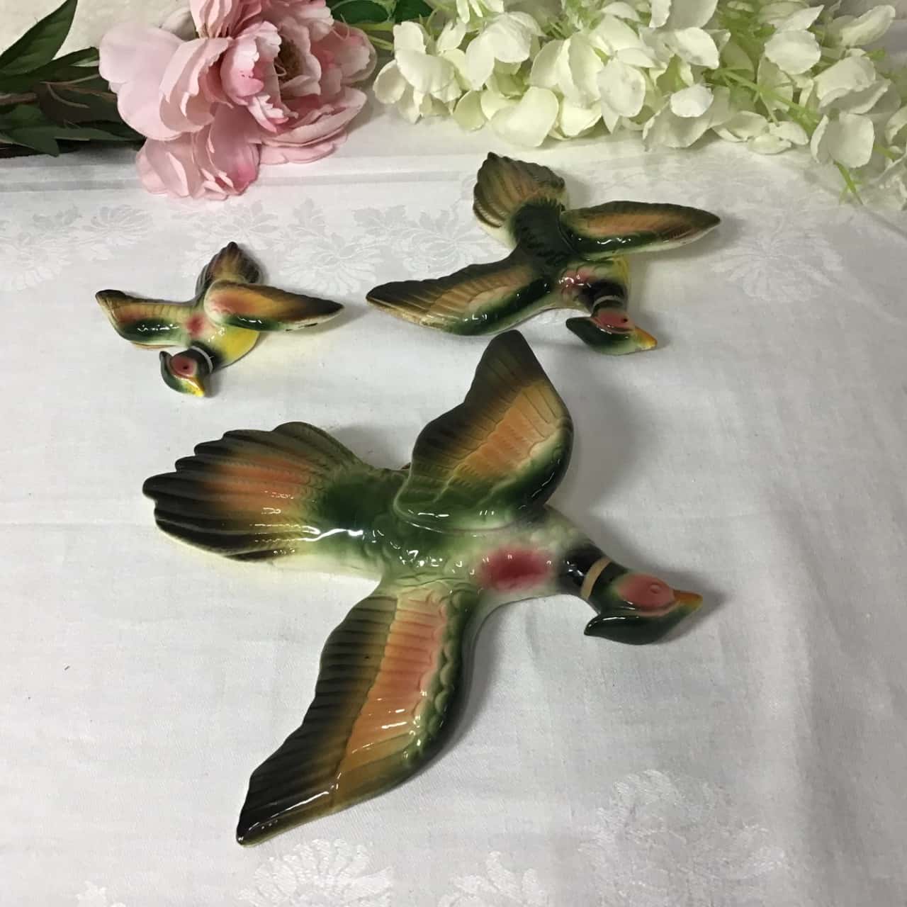 Vintage Set of 3 Multicoloured Ceramic Flying Pheasant Wall Plaques(s)