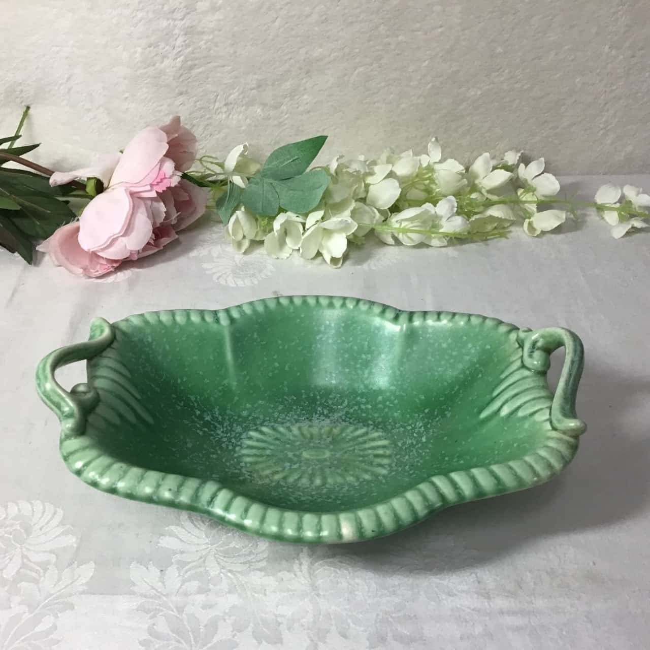 Vintage Crown Devon Green Speckled Pattern Scalloped Edge Two Handled ...