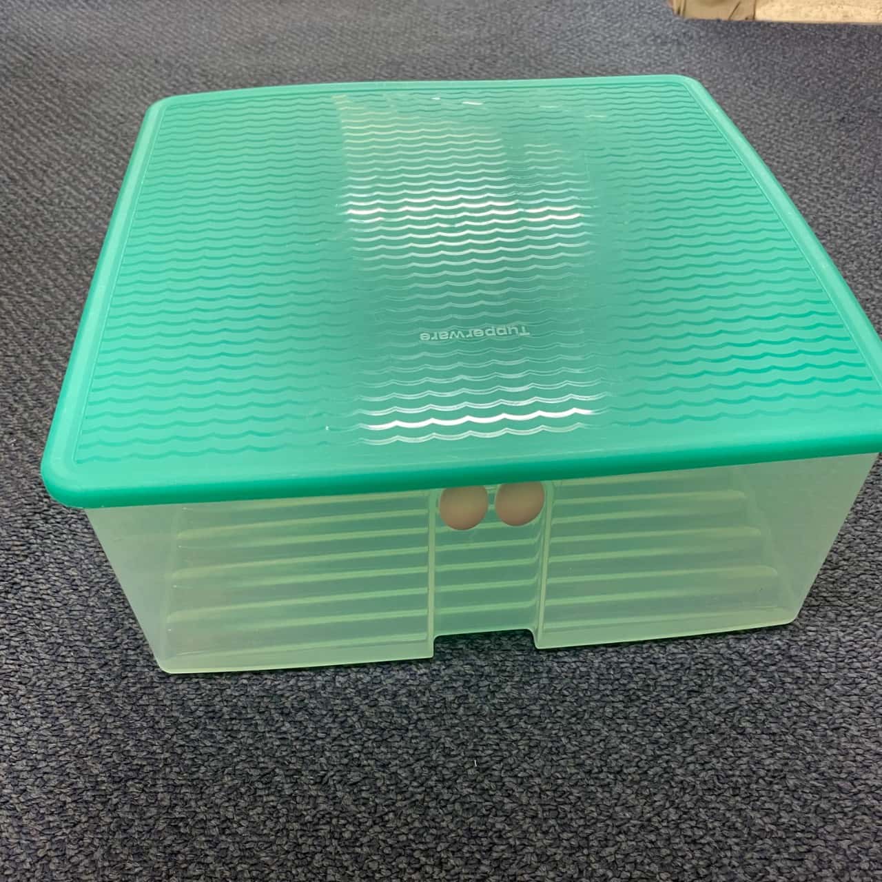 Tupperware: 28 cm square cake container , clear with green lid.(s)