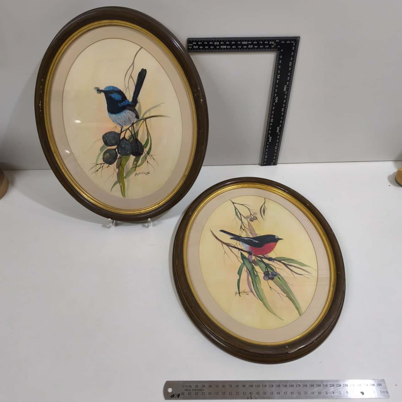 Duo of Australian Paintings Framed Oval Glass Signed 1992 Gayle Russel