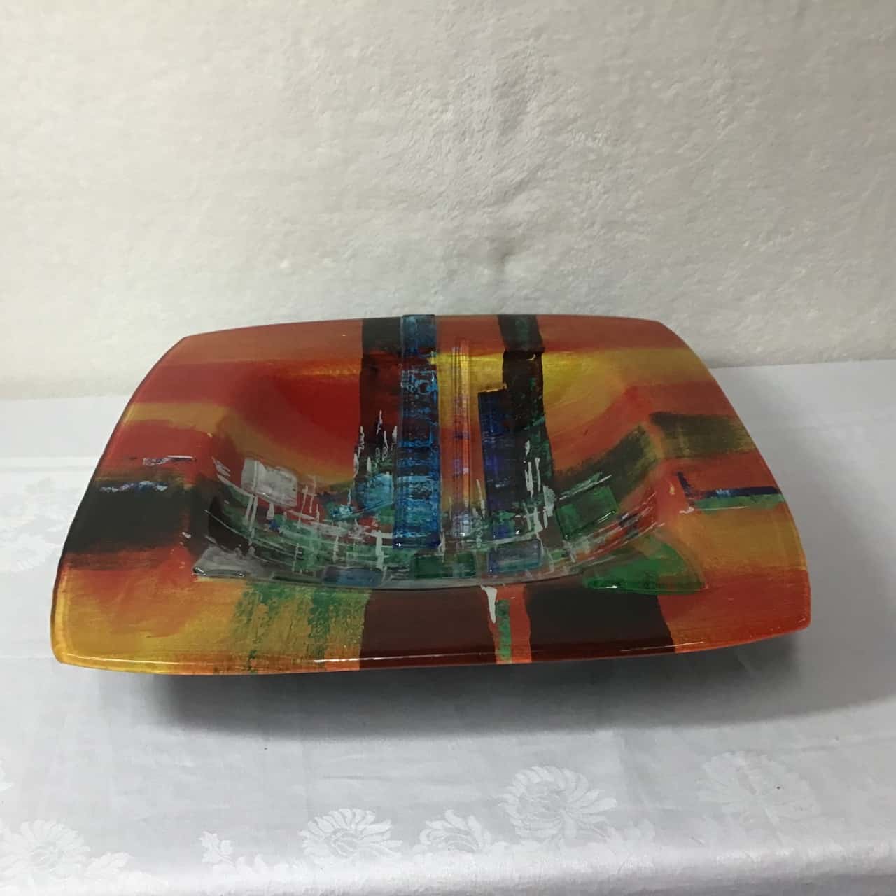 Large Multicoloured Pattern Square Glass Display Dish