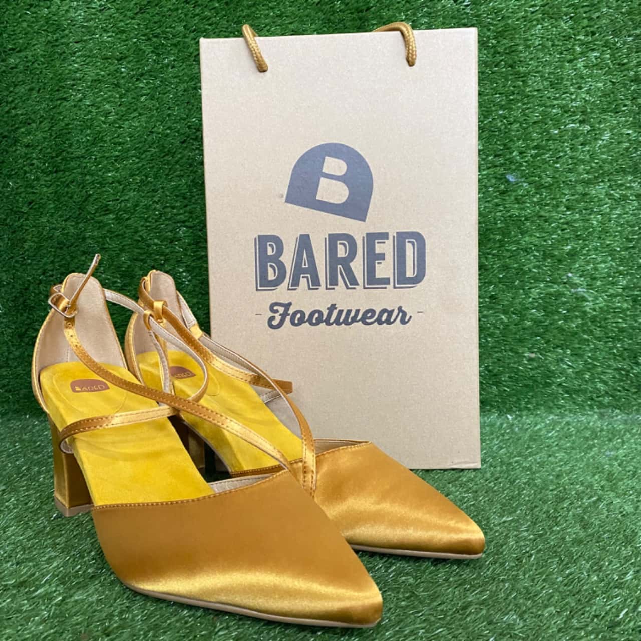 Bared Footwear Rosella Strap Pointed Heels in Gold Satin Size 40(s)