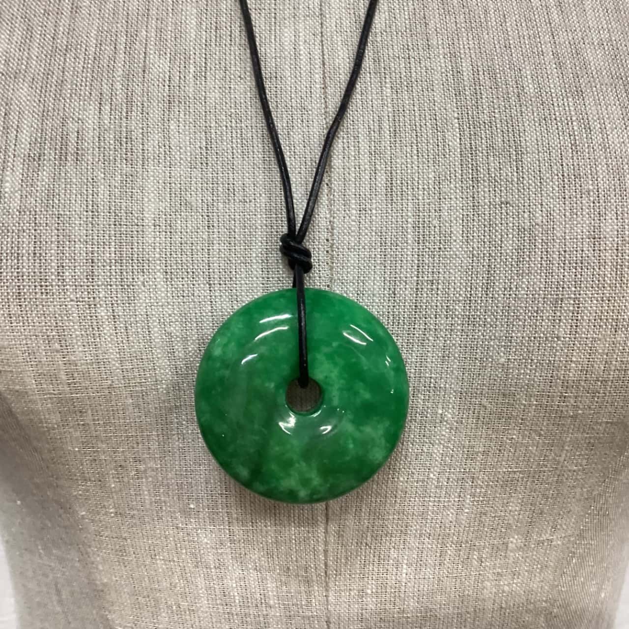 Large Jade Donut Pendant on Leather Cord Green