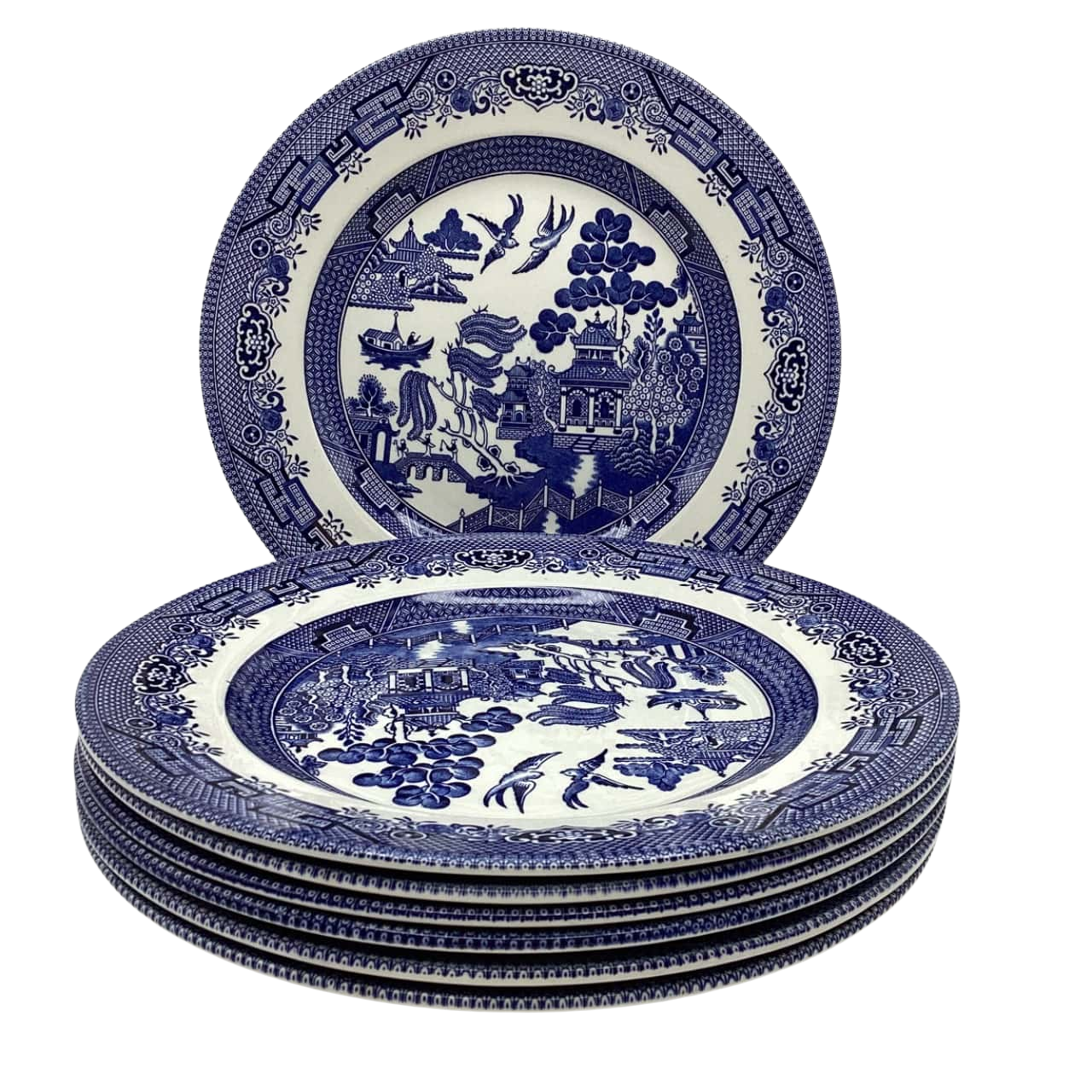 7 Blue Willow Ceramic Plates Churchill England 24cm (Small chip on edge ...