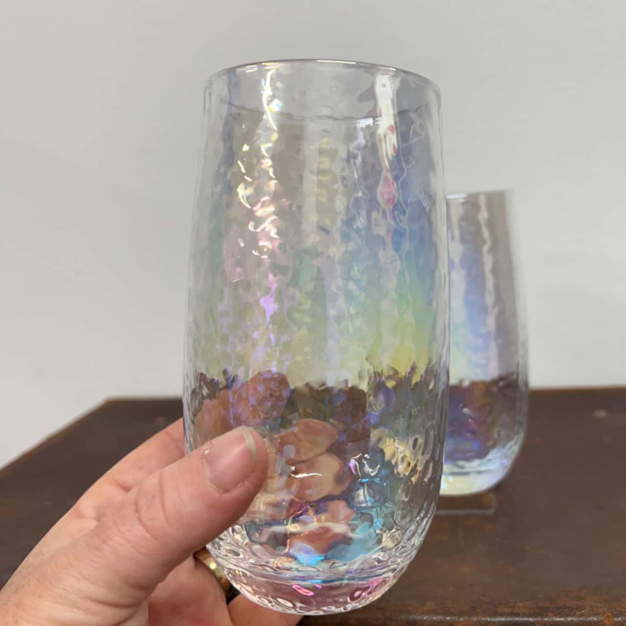 Pair of Beautiful iridescent tall glasses BNIB
