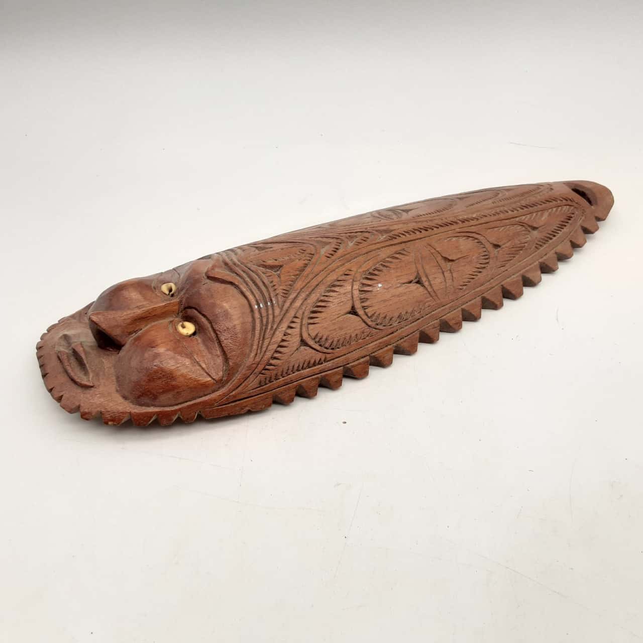 Vintage Primitive Tribal Hand Carved Wooden Face Mask with Shell Eyes