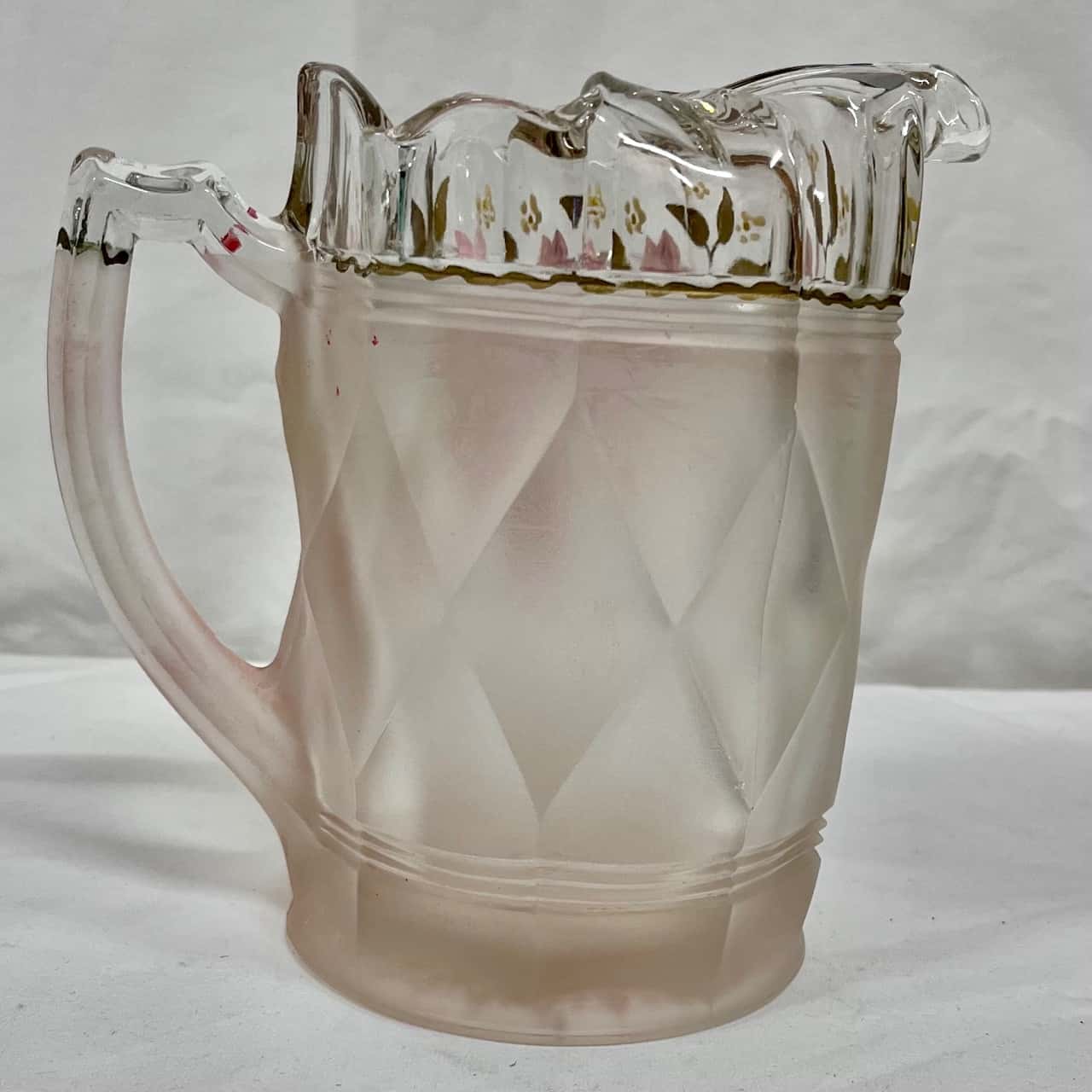 Vintage Hand Painted Water Ice Jug with Blush Pink Frosted Glass