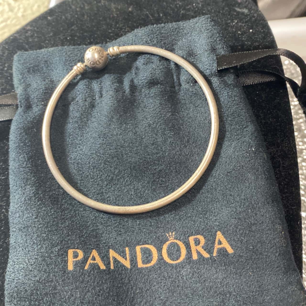 PANDORA Stamped Silver Charm Bangle