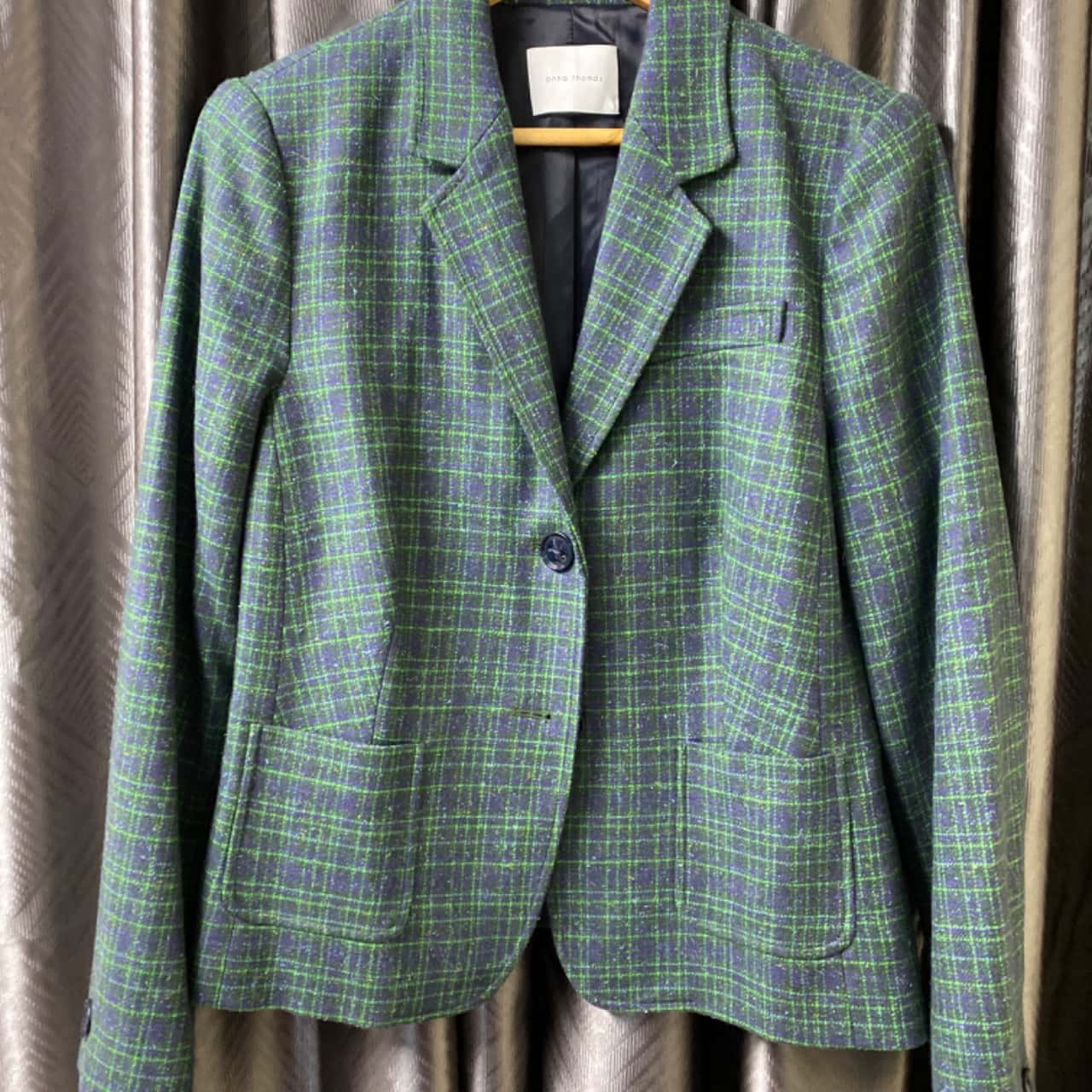 Anna Thomas Women's Green and Navy Blue Checked Jacket Size 16 (s)