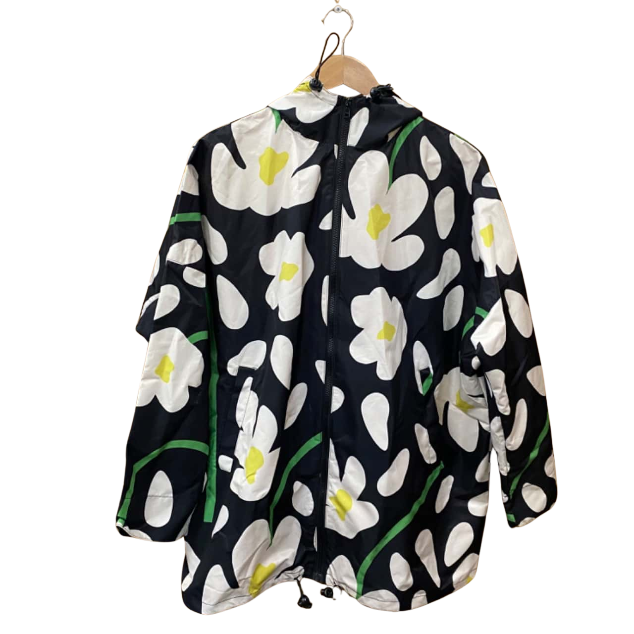 Gorman Black w/ White Flower Print Hooded Zipper Rain Jacket Size S/M(s)