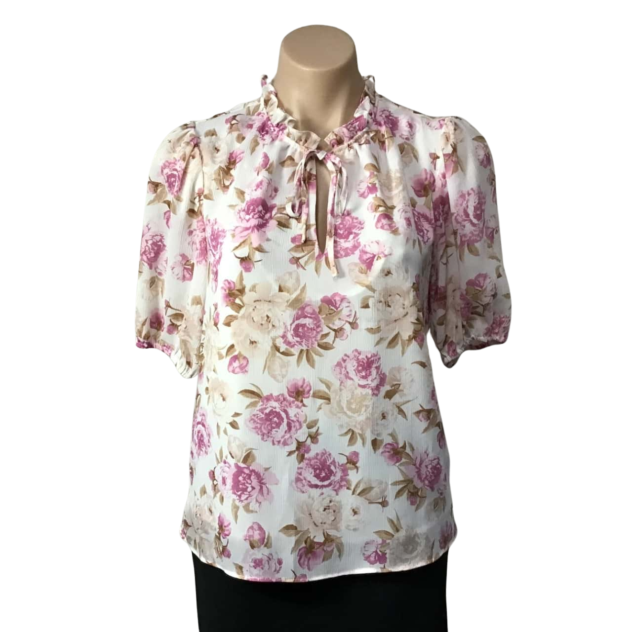 Tokito Womens Size 8 White / Pink / Beige / Floral Short Sleeve Top