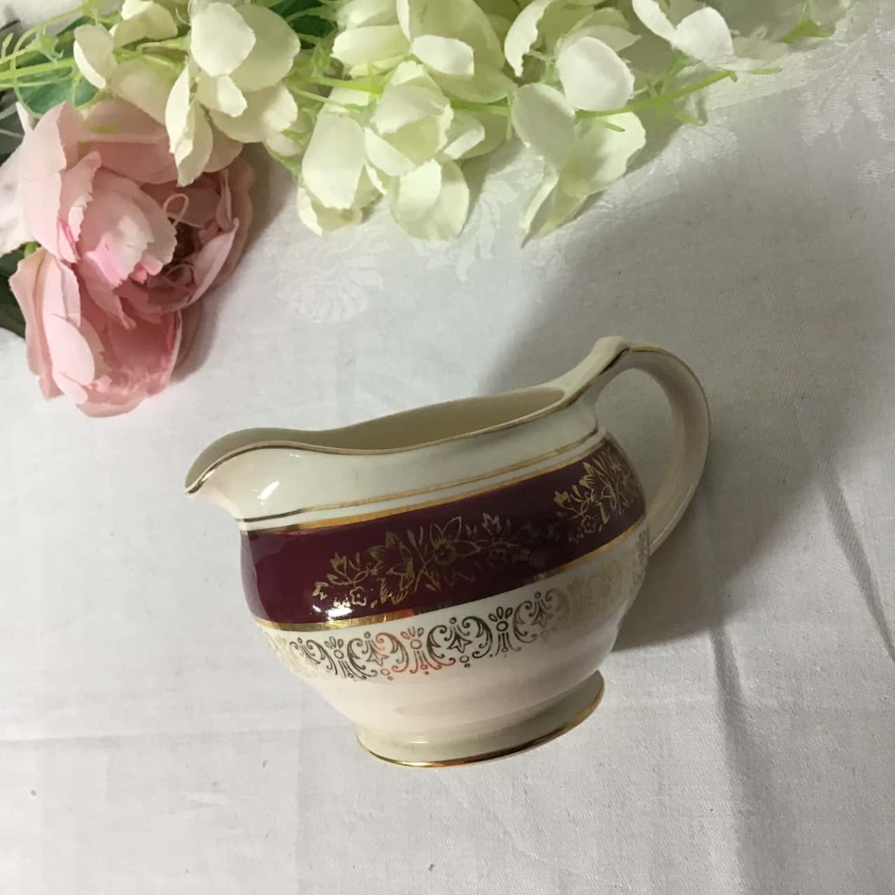 Vintage John Maddock & Sons Ivory Ware Burgundy / Gold Pattern Milk Jug