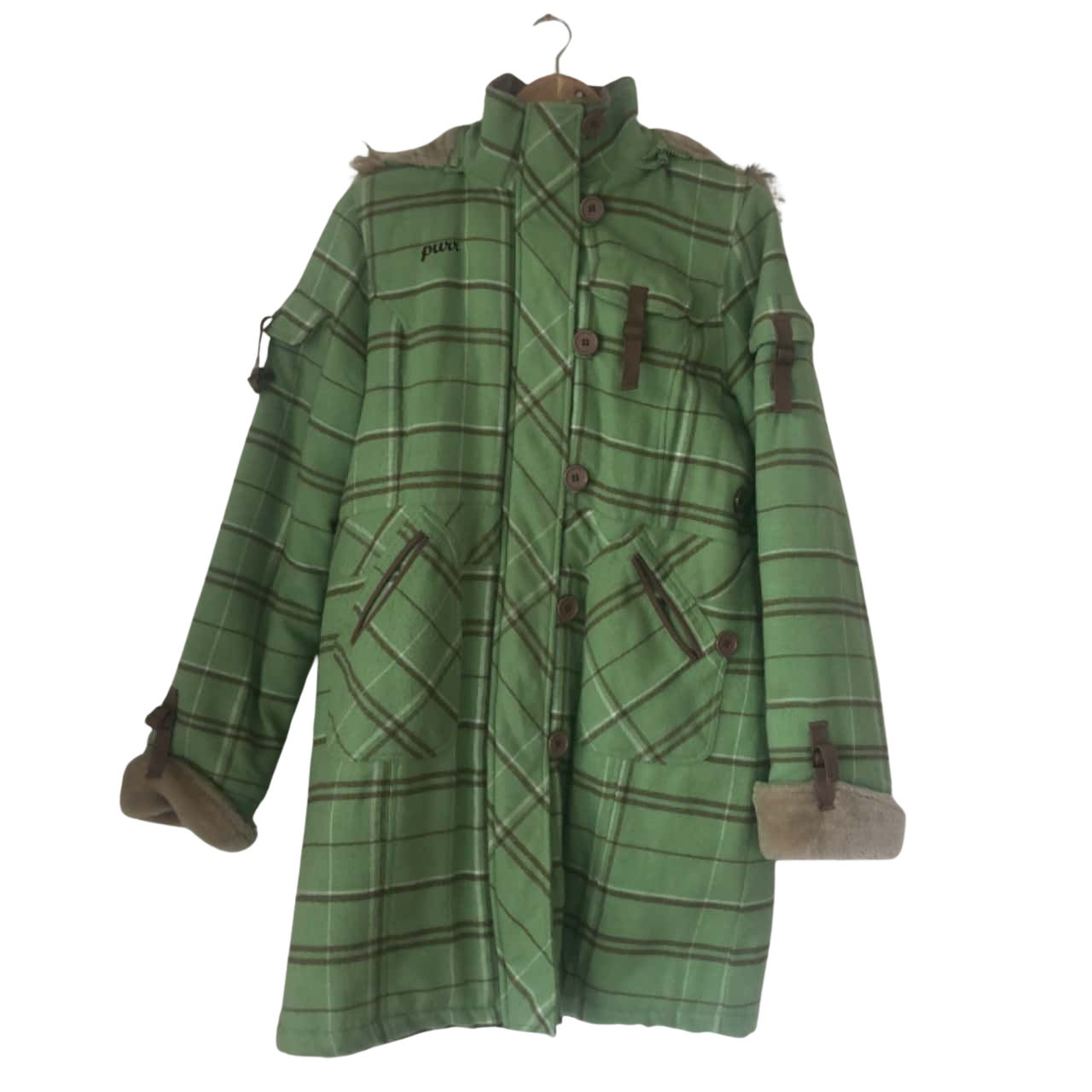 Purr Green Duffle Style Coat. Size L(s)