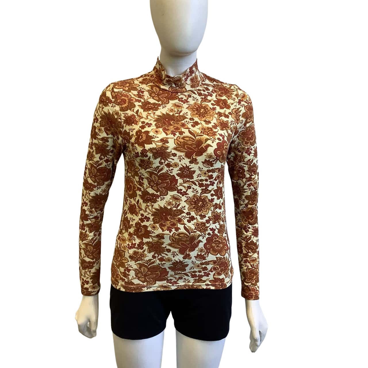 Ghanda Women's Size M Long Sleeve High Neck top Brown Floral Print(s)