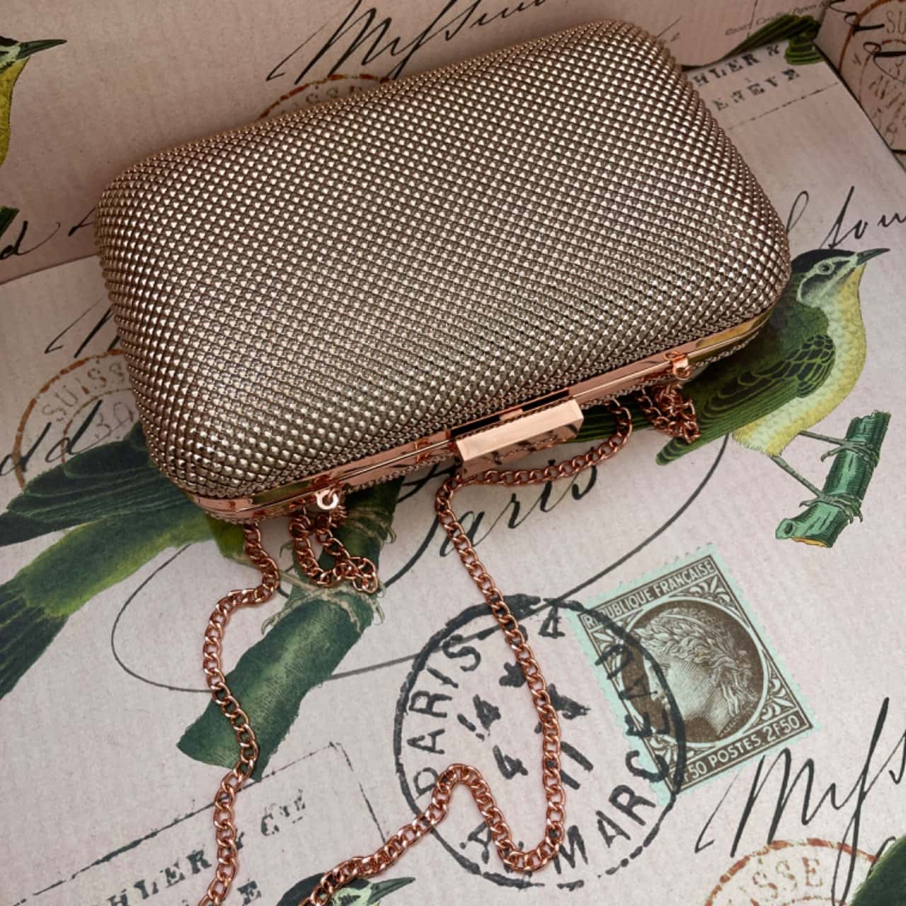 Womens Clutch Pink alga berg rose gold Metal Mesh bag box 12(s)