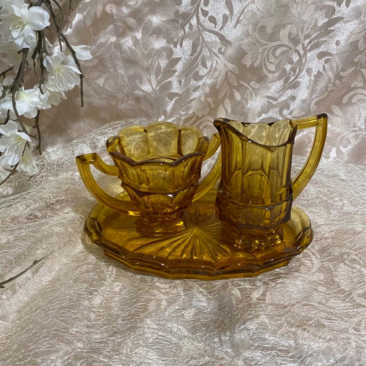 Art Deco Amber Glass Milk Jug And Sugar On Tray