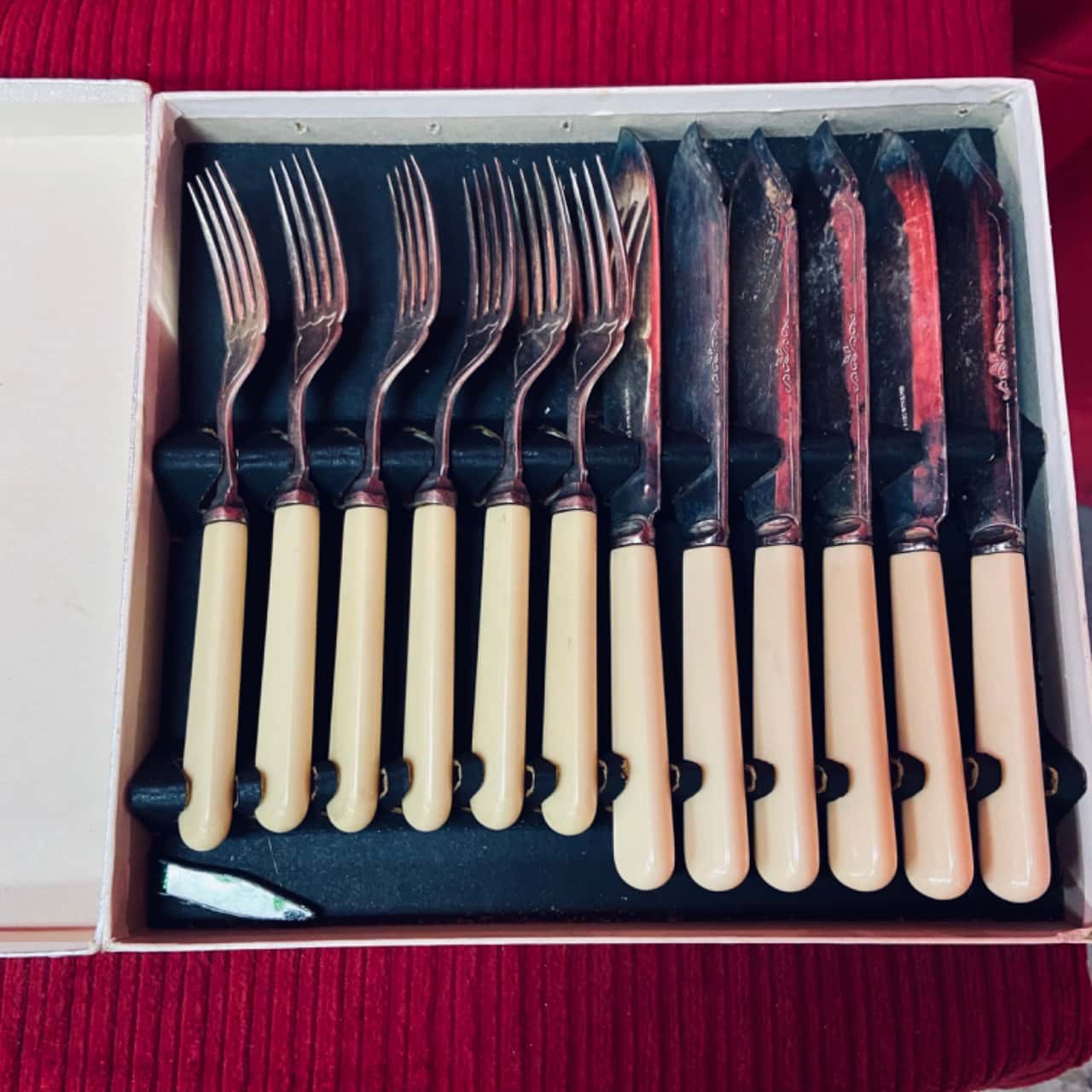 Set of Cutlery 6 Knives/Forks Ivorine Handles Silver Plated Made in England