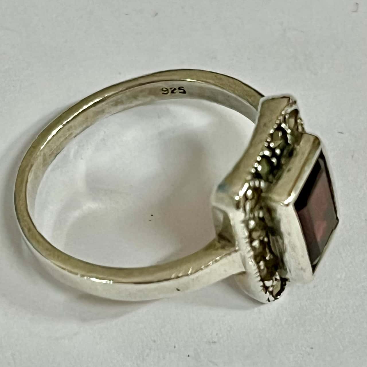 925 Silver Marcasite Ring Red Rectangle Stone(s)