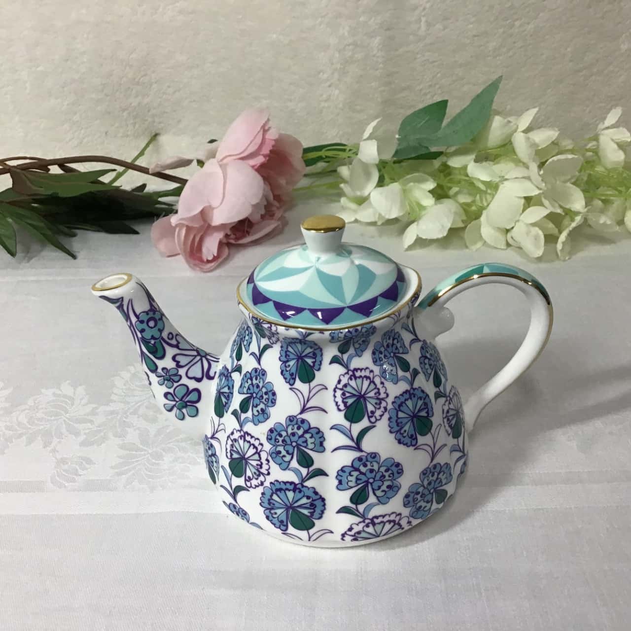 T2 White / Blue / Purple Flower Pattern Fine Bone China Teapot