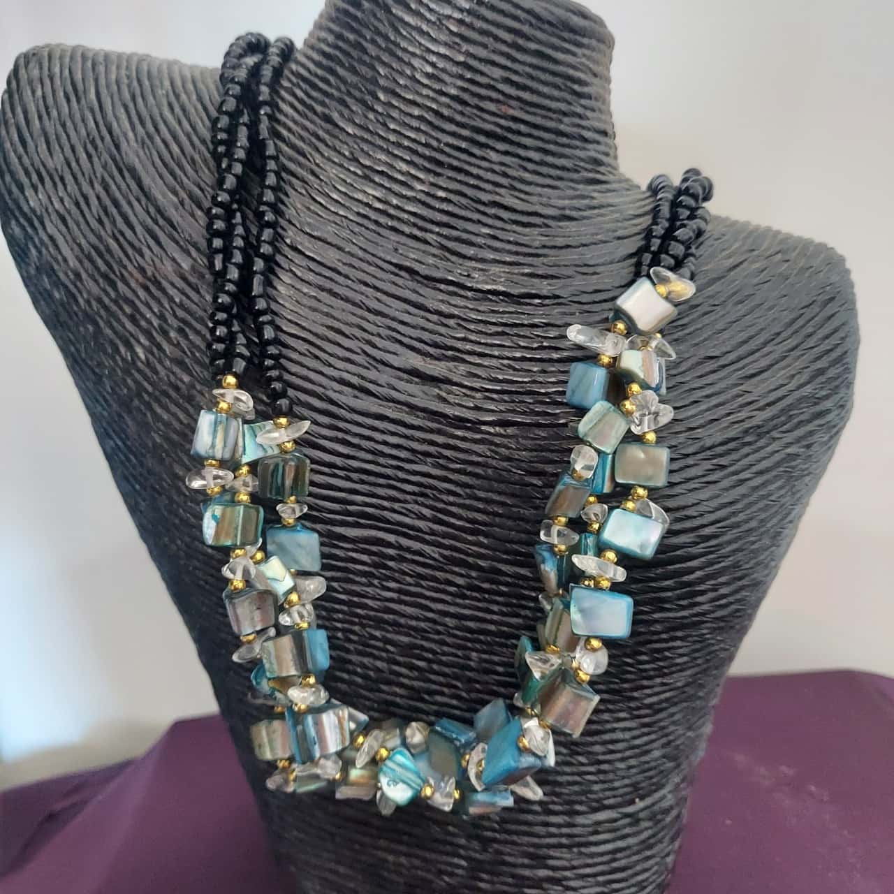 Blue Shell Chip Necklace with Clear Quartz Accents