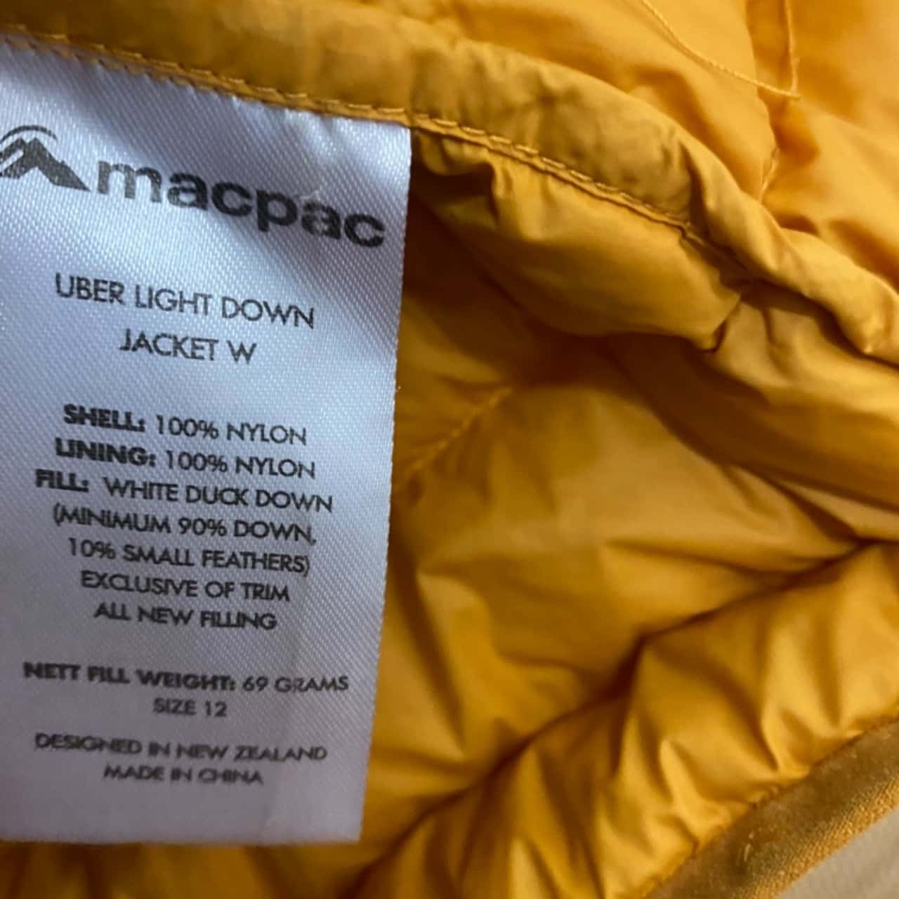 Macpac Yellow Womens Duck Down Puffer Size 12 Front Zipper ...