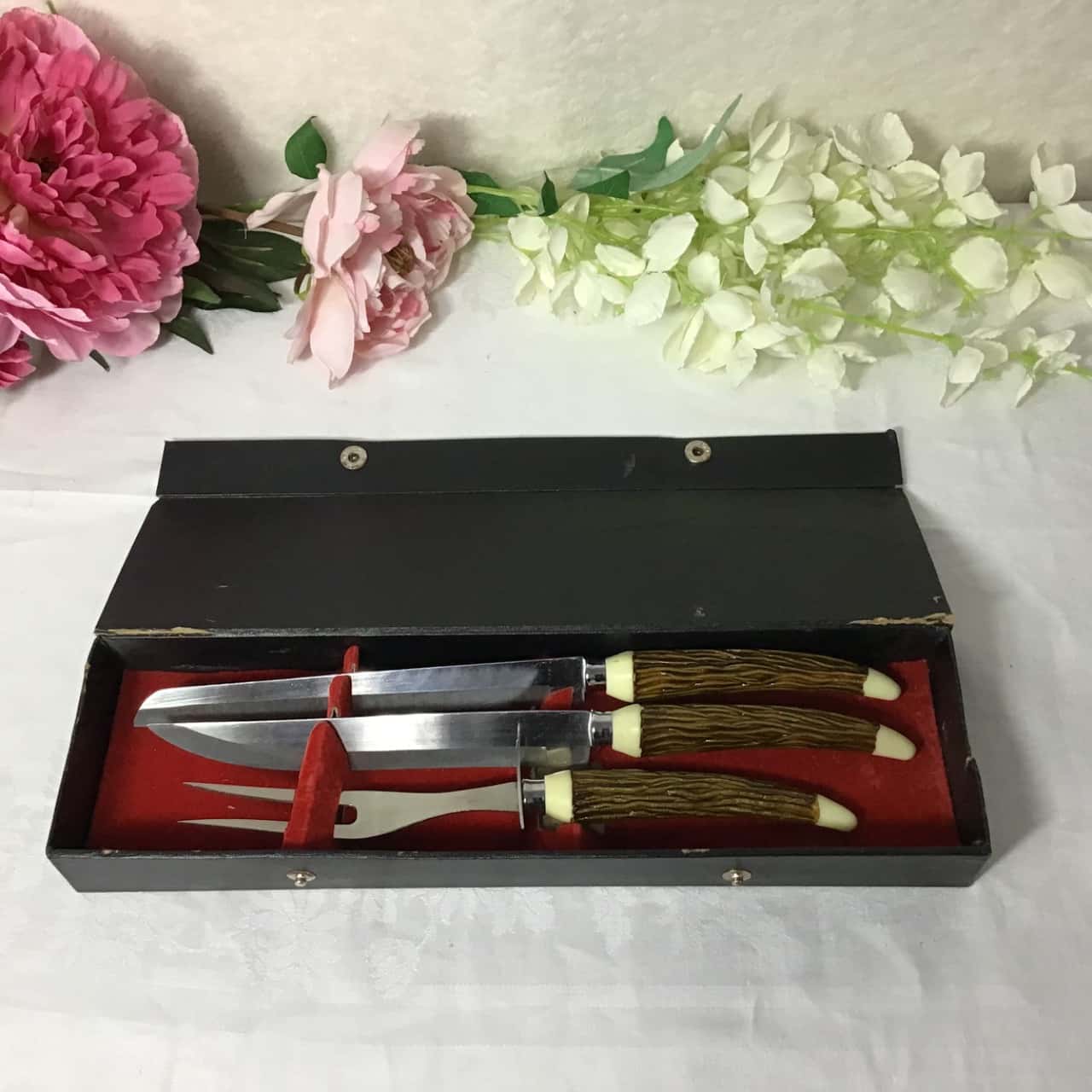 Vintage 3 Piece Stainless Steel Carving Set with Brown Textured Handles ...