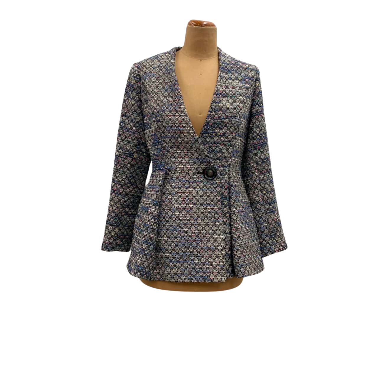 Moss and Spy Boucle Peplum Jacket Size 10 Black, White & Blue(s)