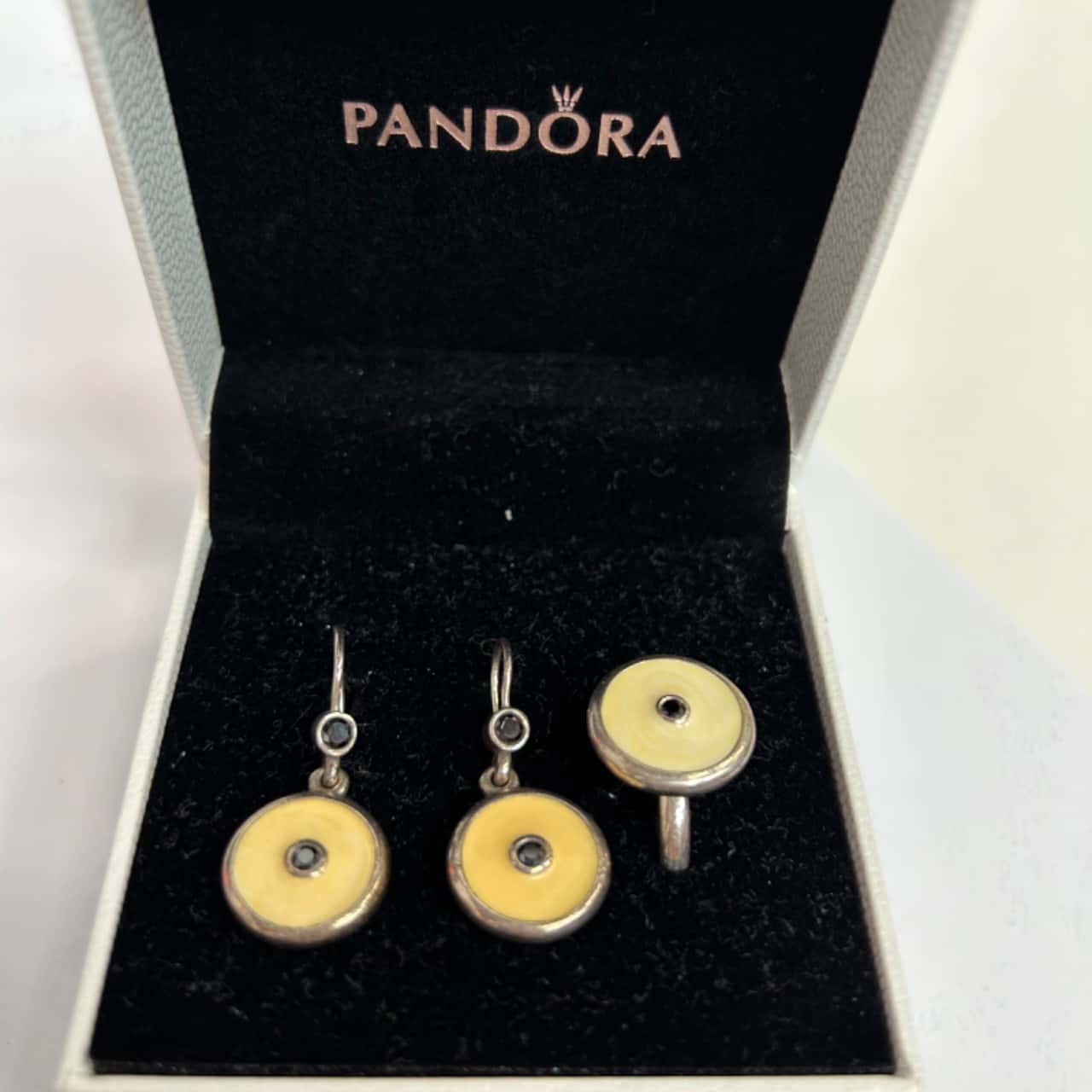 Pandora Black CZ white enamel dangle earrings and promise ring set (s)