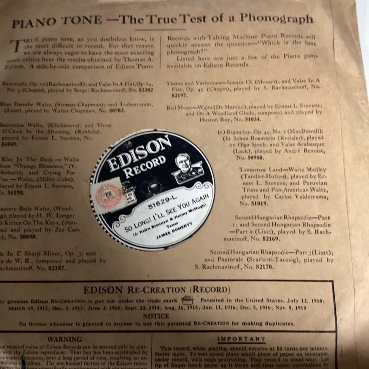 Edison Record Phonograph Record