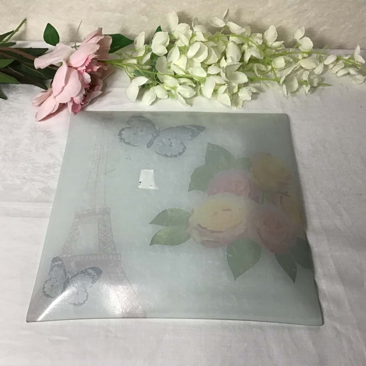 Frosted Glass Flowers / Eiffel Tower Pattern Square Plate